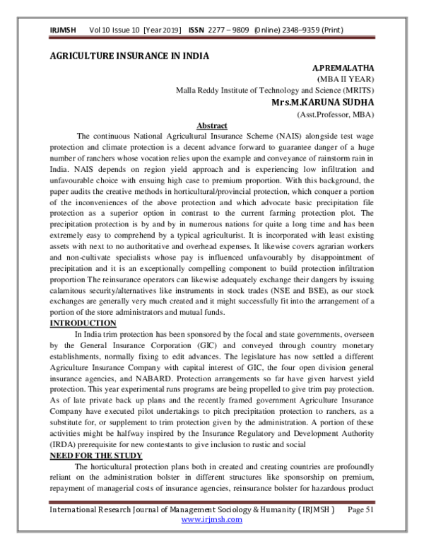 (PDF) AGRICULTURE INSURANCE IN INDIA
