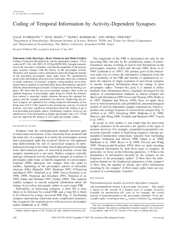 (PDF) Coding of Temporal Information by Activity-Dependent Synapses