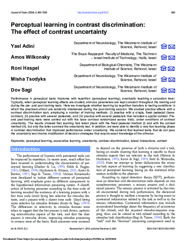 (PDF) Perceptual learning in contrast discrimination: The effect of contrast uncertainty