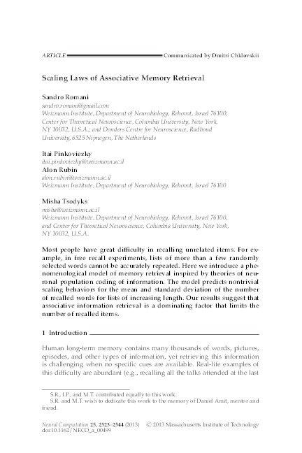 (PDF) Scaling Laws of Associative Memory Retrieval
