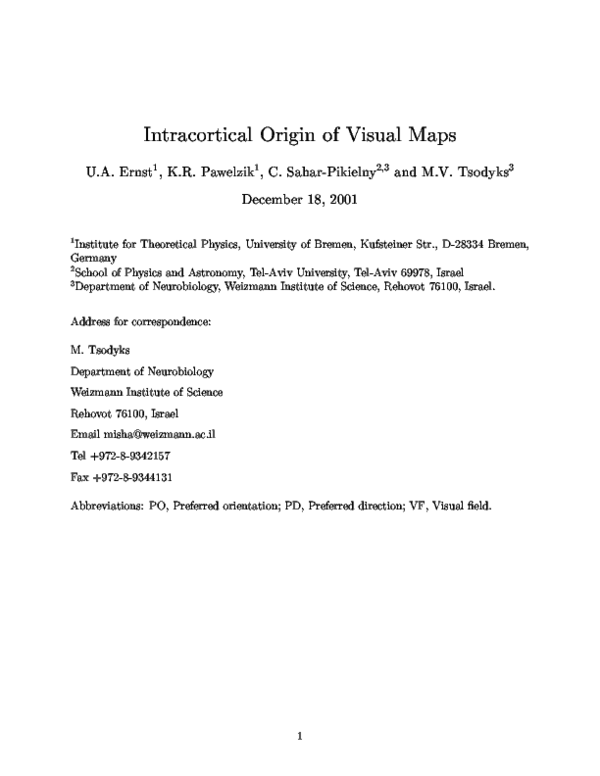 (PDF) Intracortical origin of visual maps