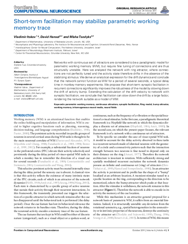 (PDF) Short-Term Facilitation may Stabilize Parametric Working Memory Trace