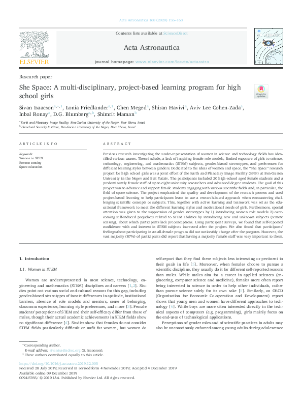 (PDF) She Space: A multi-disciplinary, project-based learning program for high school girls