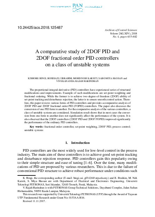 (PDF) . A comparative study of 2DOF PID and 2DOF fractional order PID controllers on a class of ...