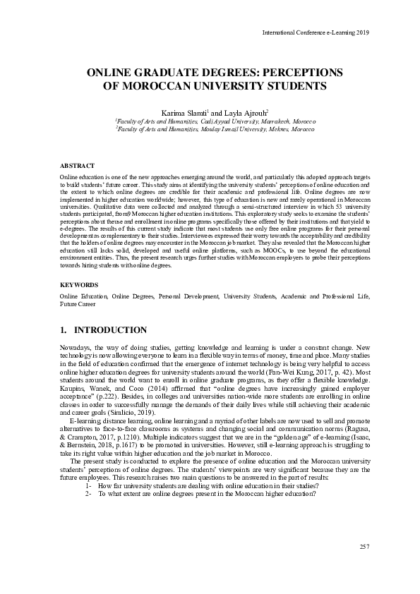 (PDF) ONLINE GRADUATE DEGREES: PERCEPTIONS OF MOROCCAN UNIVERSITY STUDENTS