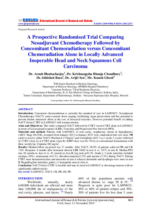 (PDF) A Prospective Randomised Trial Comparing Neoadjuvant Chemotherapy Followed by Concomitant ...
