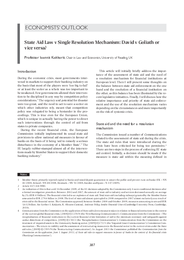 (PDF) State Aid Law v Single Resolution Mechanism: David v Goliath or ...