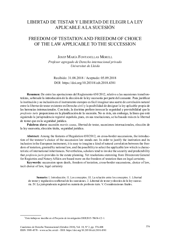 (PDF) LIBERTAD DE TESTAR Y LIBERTAD DE ELEGIR LA LEY APLICABLE A LA ...