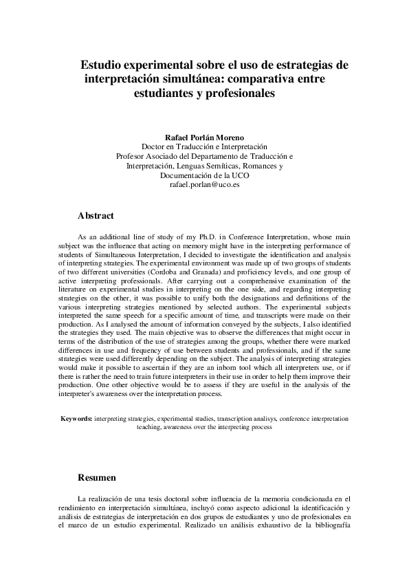 (PDF) An experimental study on the use of interpreting strategies in simultaneous interpretation ...