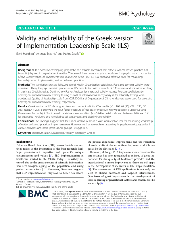 Pdf Validity And Reliability Of The Greek Version Of Implementation