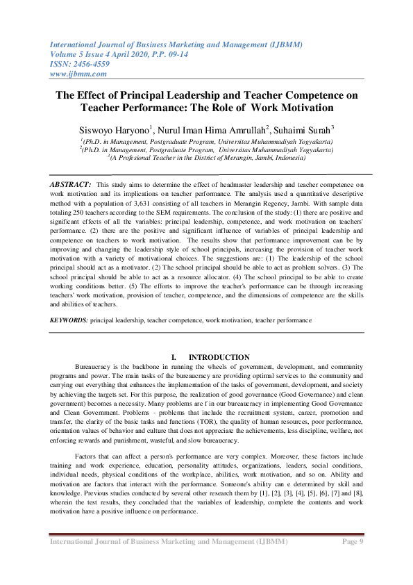 (PDF) The Effect of Principal Leadership and Teacher Competence on Teacher Performance: The Role ...