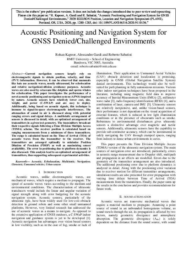 (PDF) Acoustic Positioning and Navigation System for GNSS Denied/Challenged Environments ...