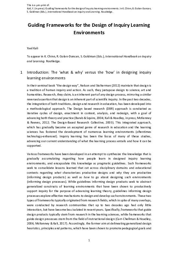 (PDF) Guiding Frameworks for the Design of Inquiry Learning Environments
