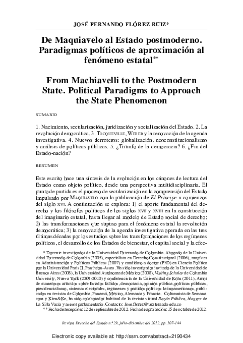 (PDF) De Maquiavelo al Estado postmoderno. Paradigmas políticos de aproximación al fenómeno estatal