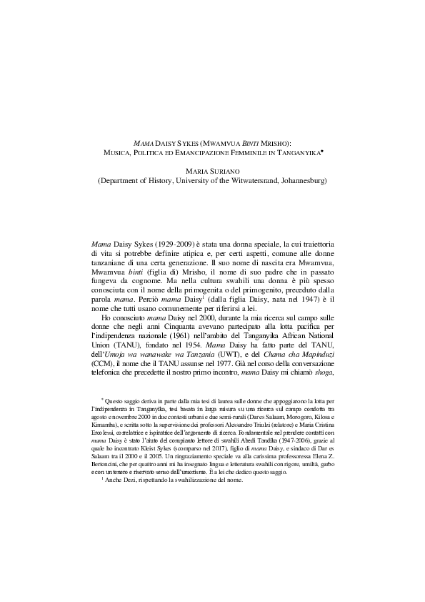 (PDF) Mama Daisy Sykes (Mwamvua Binti Mrisho): Musica, Politica ed ...