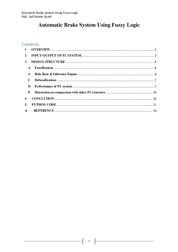 (PDF) Automatic Brake System Using Fuzzy Logic