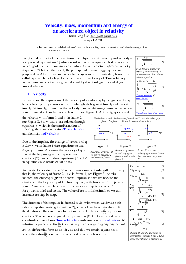 (PDF) Velocity, mass, momentum and energy of an accelerated object in relativity