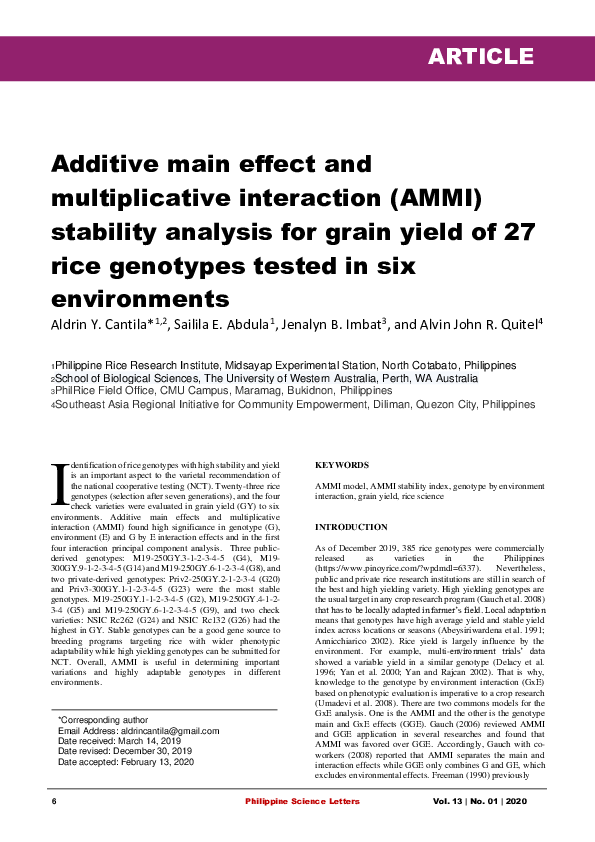 (PDF) Additive main effect and multiplicative interaction (AMMI) stability analysis for grain ...