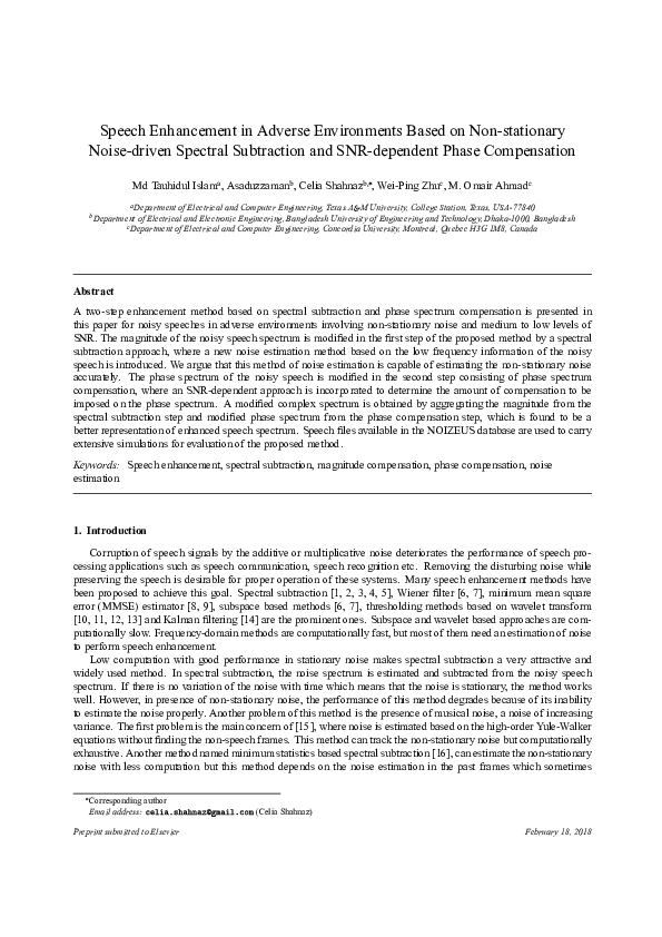 (PDF) Speech Enhancement in Adverse Environments Based on Non-stationary Noise-driven Spectral ...