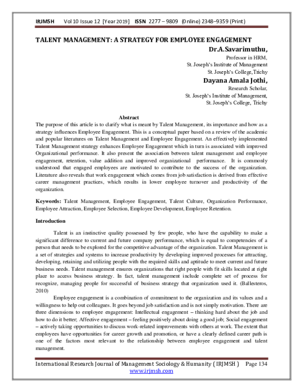 (PDF) TALENT MANAGEMENT: A STRATEGY FOR EMPLOYEE ENGAGEMENT