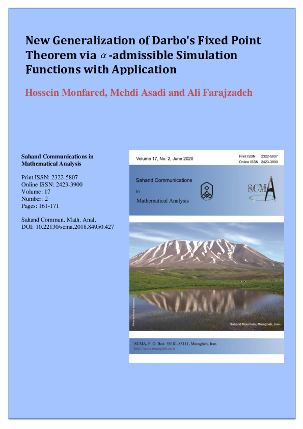 (PDF) New Generalization of Darbo's Fixed Point Theorem via -admissible Simulation Functions ...