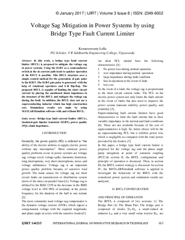 Pdf Voltage Sag Mitigation In Power Systems By Using Bridge Type