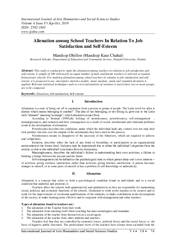 (PDF) Alienation among School Teachers In Relation To Job Satisfaction ...