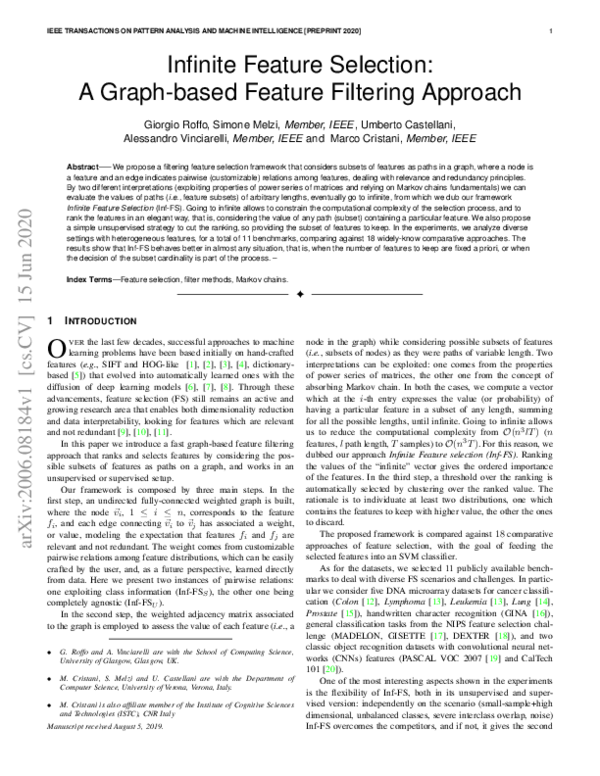 Pdf Infinite Feature Selection A Graph Based Feature Filtering Approach