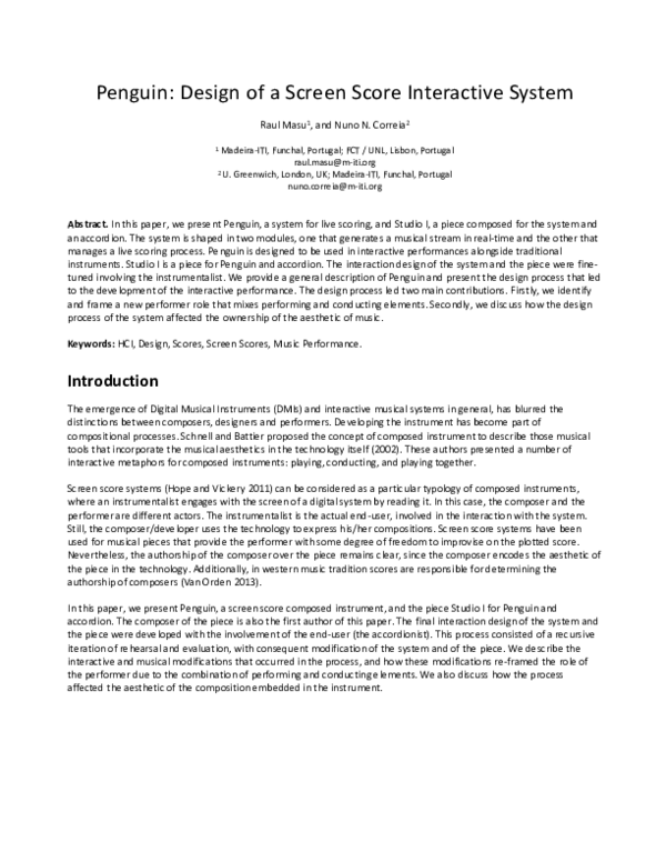 (PDF) Penguin: Design of a Screen Score Interactive System