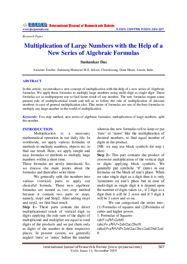 (PDF) Multiplication of Large Numbers with the Help of a New Series of ...