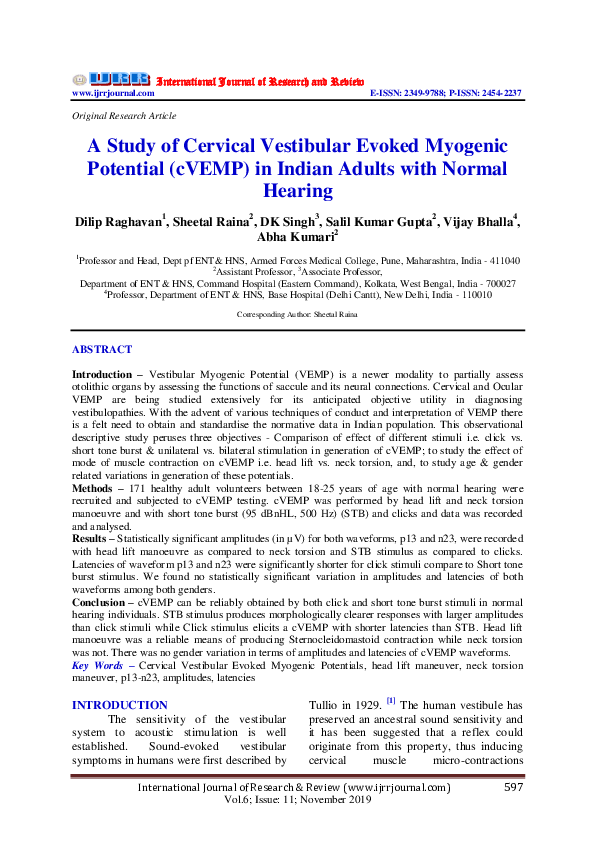 (PDF) A Study of Cervical Vestibular Evoked Myogenic Potential (cVEMP ...