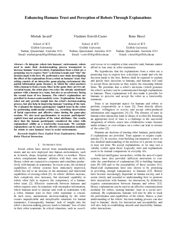 (PDF) Enhancing Humans Trust and Perception of Robots Through Explanations