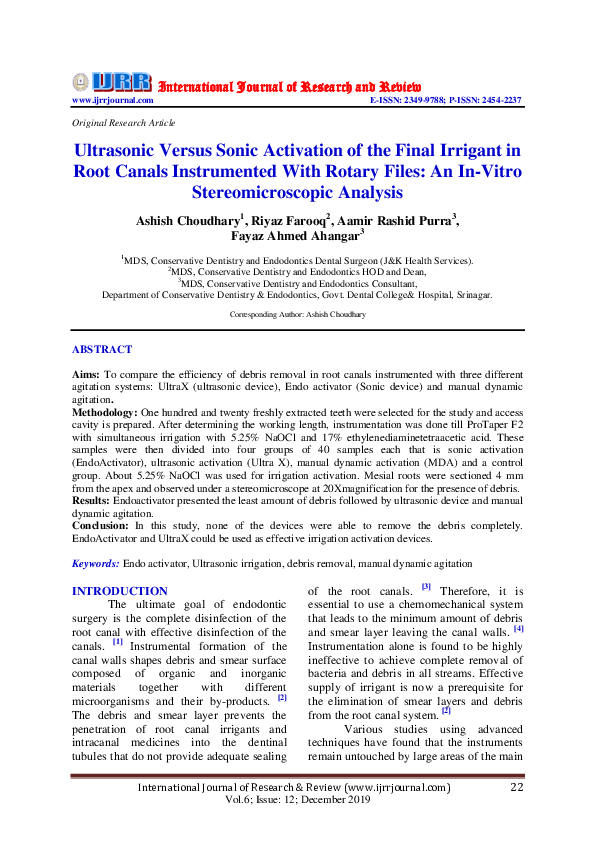 (PDF) Ultrasonic Versus Sonic Activation of the Final Irrigant in Root ...