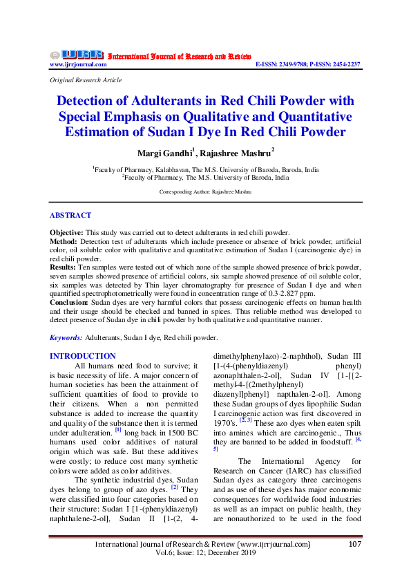 (PDF) Detection of Adulterants in Red Chili Powder with Special ...