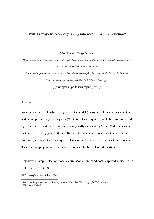 (PDF) Will It Always Be Necessary Taking Into Account Sample Selection?