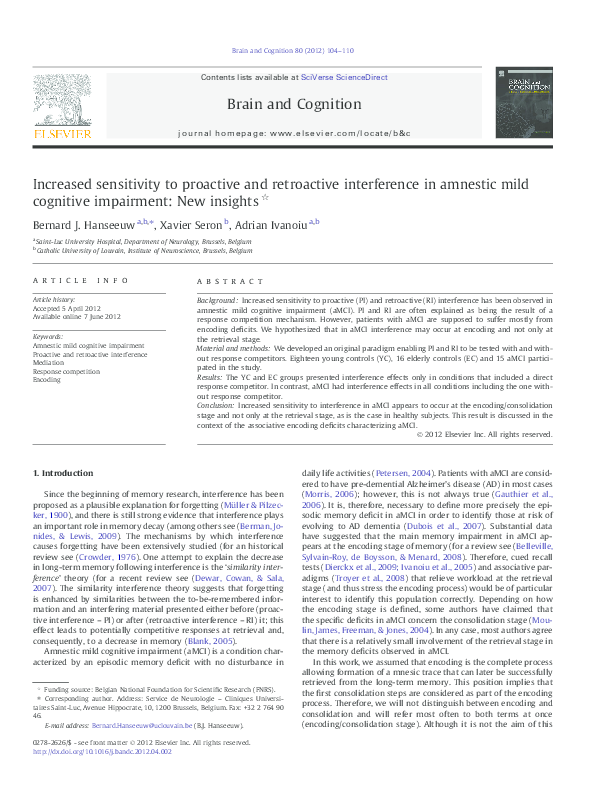 (PDF) Increased sensitivity to proactive and retroactive interference in amnestic mild cognitive ...
