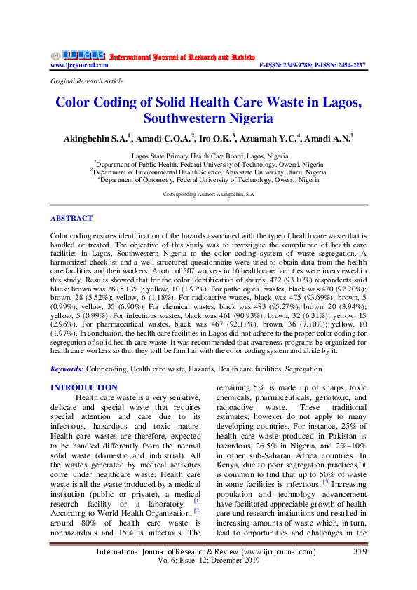 (PDF) Color Coding of Solid Health Care Waste in Lagos, Southwestern ...