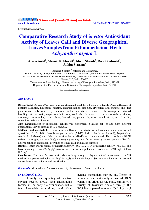 (PDF) Comparative Research Study of in vitro Antioxidant Activity of Leaves Calli and Diverse ...