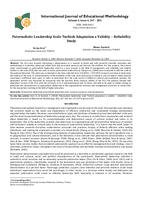 (PDF) Paternalistic Leadership Scale Turkish Adaptation a Validity ...