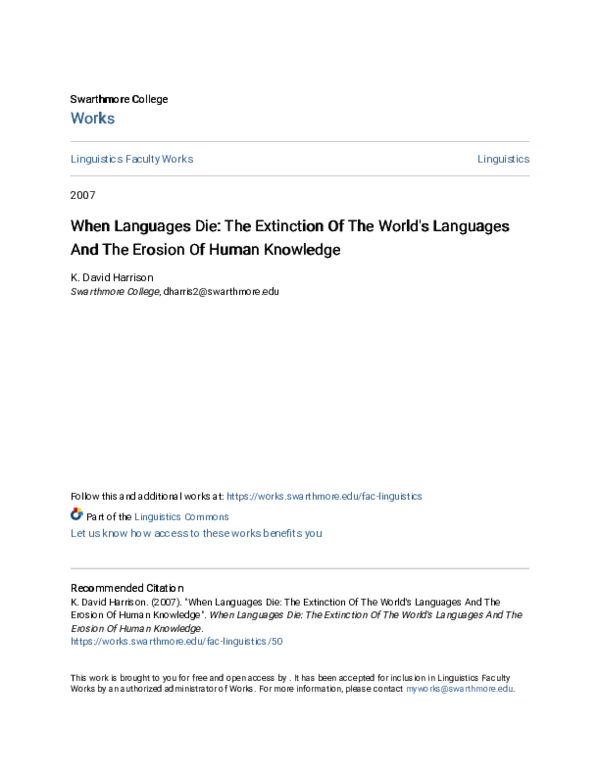 (PDF) When Languages Die: The Extinction of the World's Languages and the Erosion of Human ...