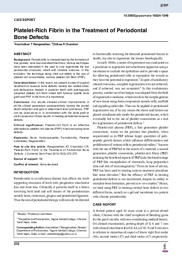 (PDF) Platelet-Rich Fibrin in the Treatment of Periodontal Bone Defects