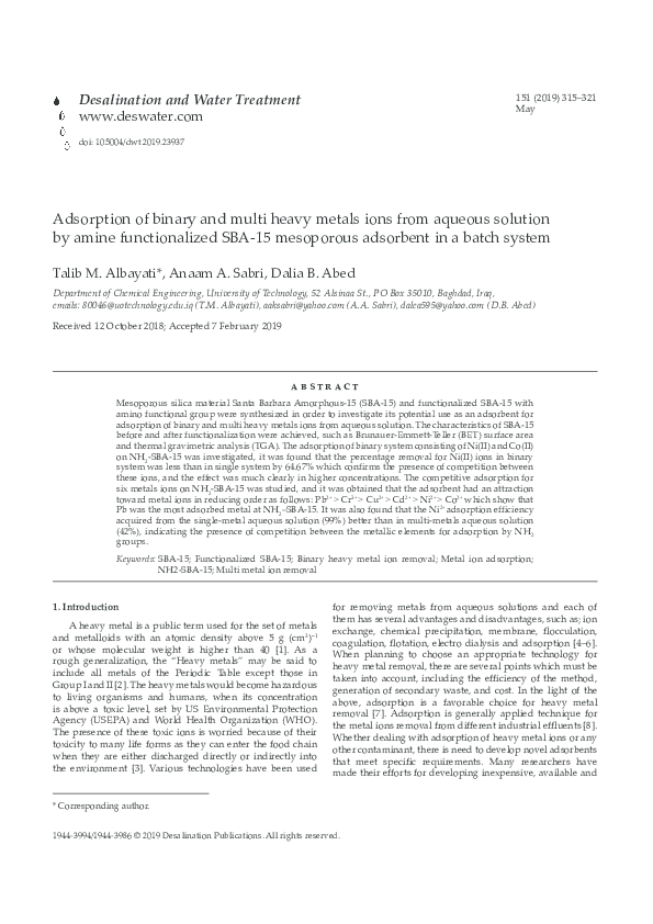 (PDF) Adsorption of binary and multi heavy metals ions from aqueous solution by amine ...