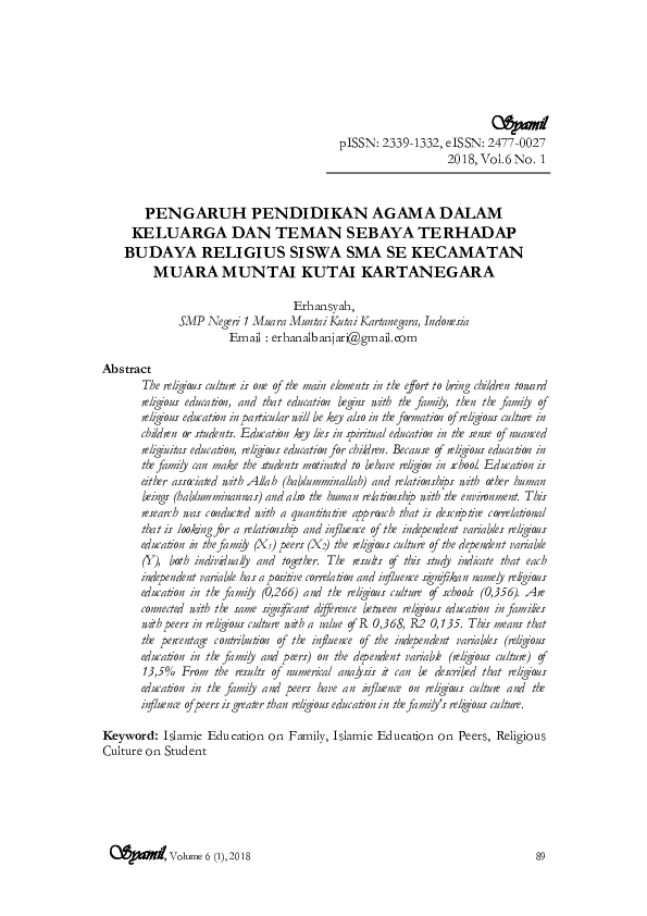 Pdf Pengaruh Pendidikan Agama Dalam Keluarga Dan Teman Sebaya