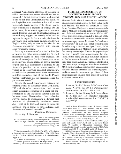 (PDF) Further Manuscripts of Matthew Paris' 'Flores historiarum' and ...