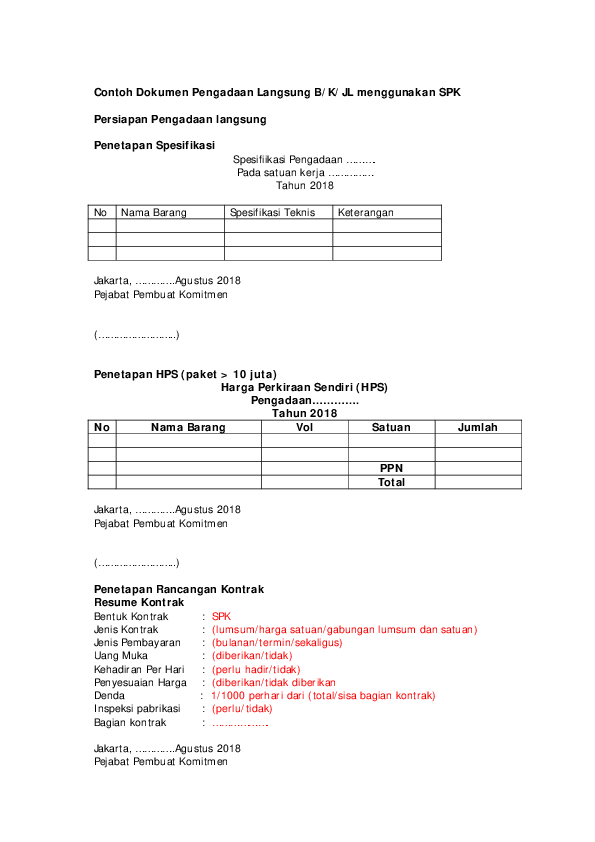 (PDF) Contoh Dokumen Pengadaan Langsung B/K/JL menggunakan SPK