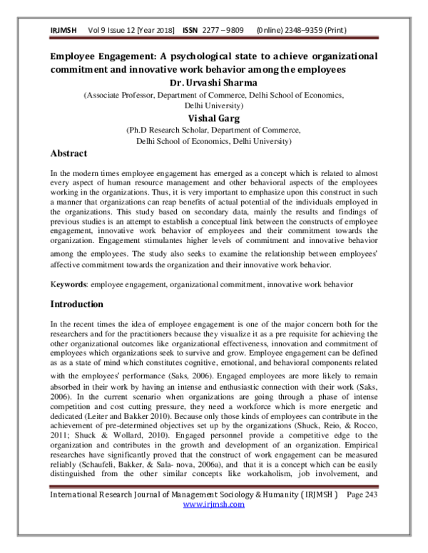 (PDF) Employee Engagement: A psychological state to achieve ...