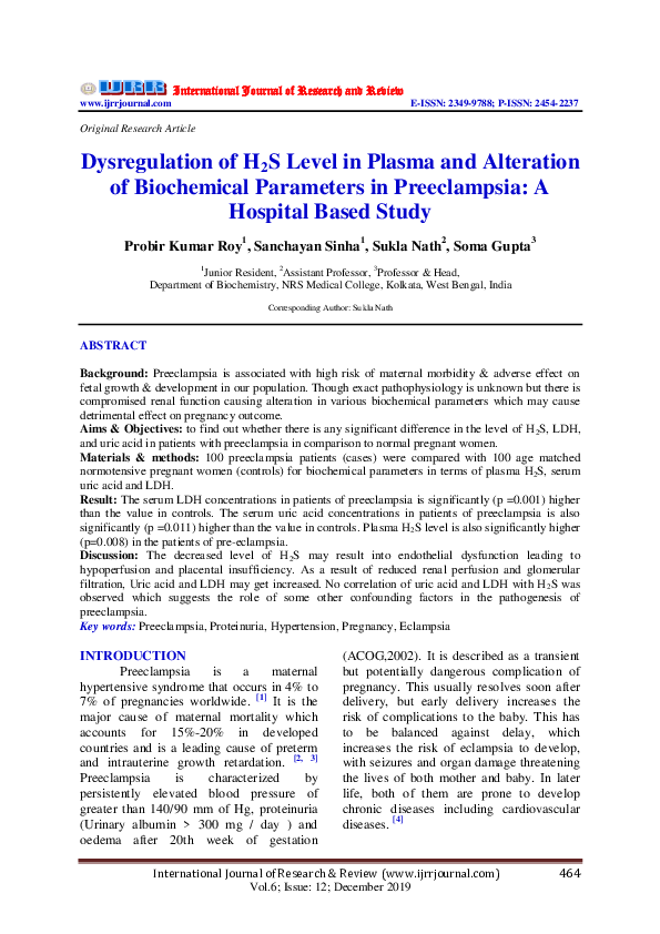 (PDF) Dysregulation of H2S Level in Plasma and Alteration of ...