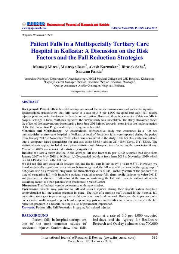 (PDF) Patient Falls In a Multispecialty Tertiary Care Hospital in ...