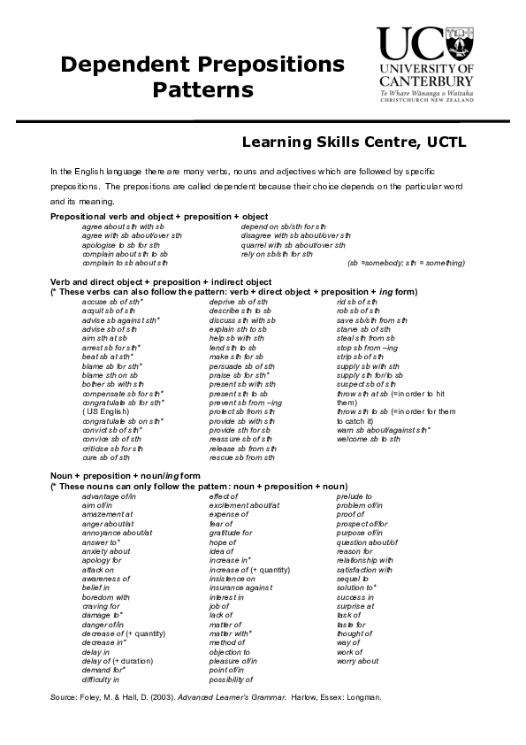 (PDF) Dependent Prepositions Patterns Learning Skills Centre, UCTL