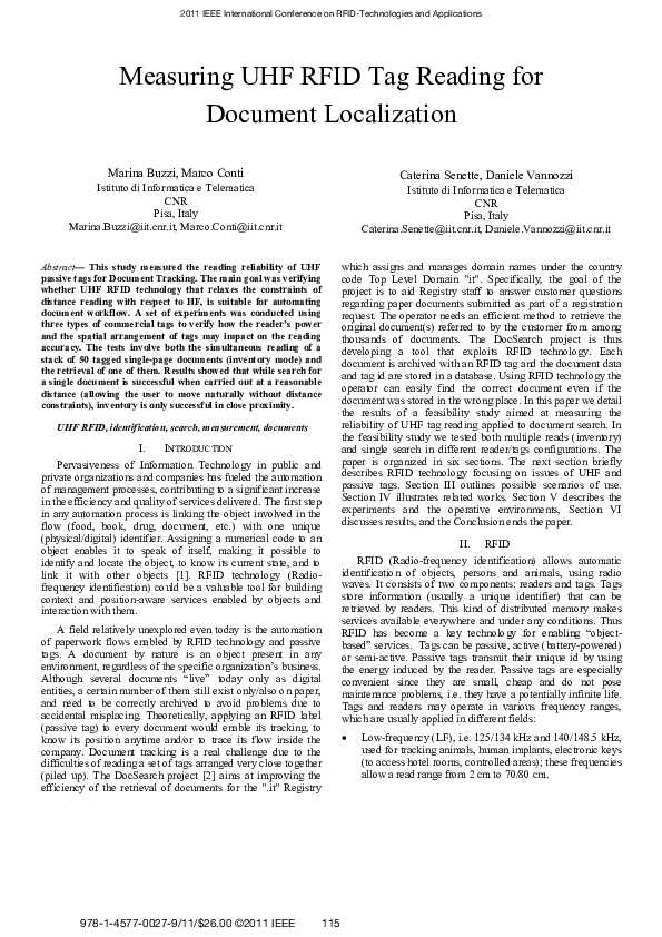 (PDF) Measuring UHF RFID tag reading for document localization | Caterina Senette and Marina ...